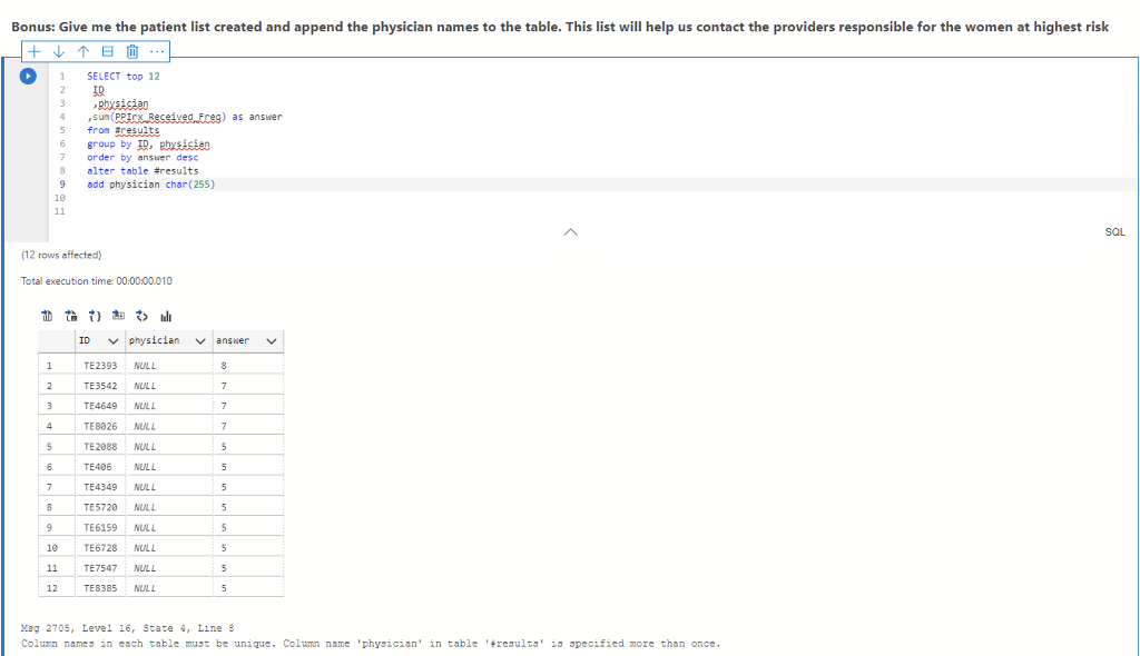 Solved I am trying to add a "Physician" column to an | Chegg.com