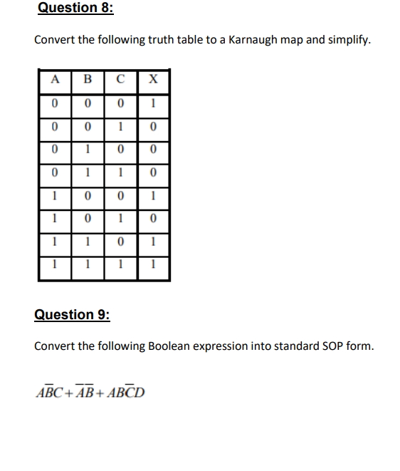 Solved Question 8:Convert the following truth table to a | Chegg.com
