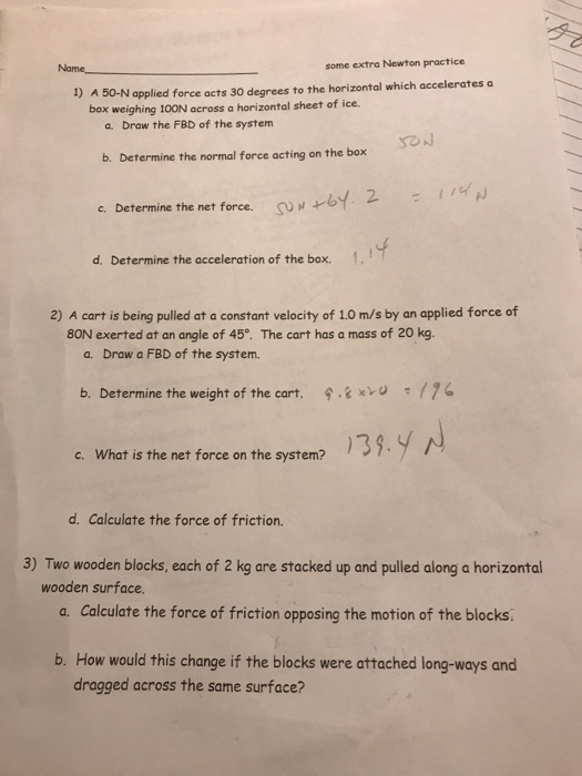 Solved Name, some extra Newton practice A 50-N applied force | Chegg.com