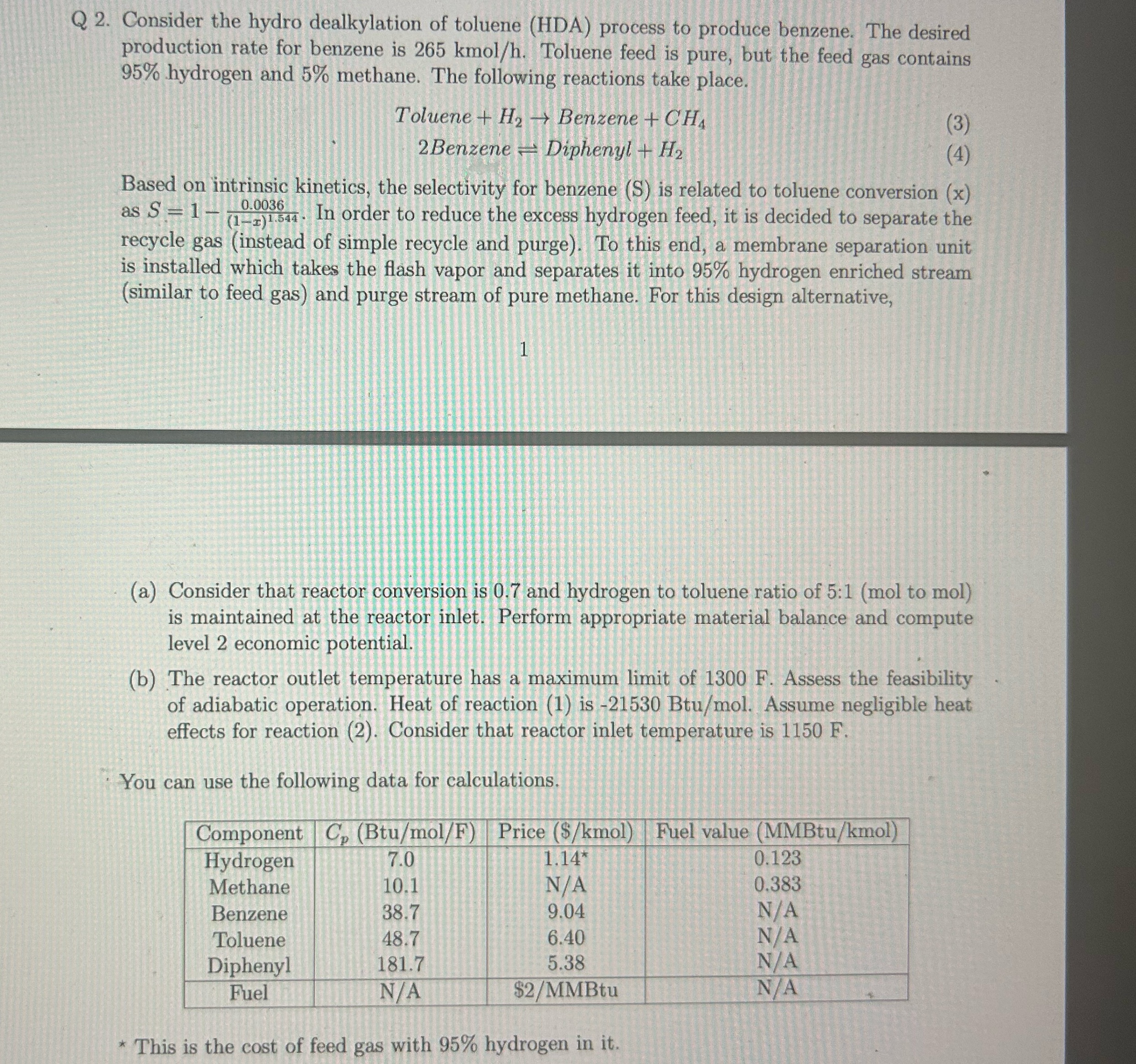 Solved Q 2. ﻿Consider the hydro dealkylation of toluene | Chegg.com