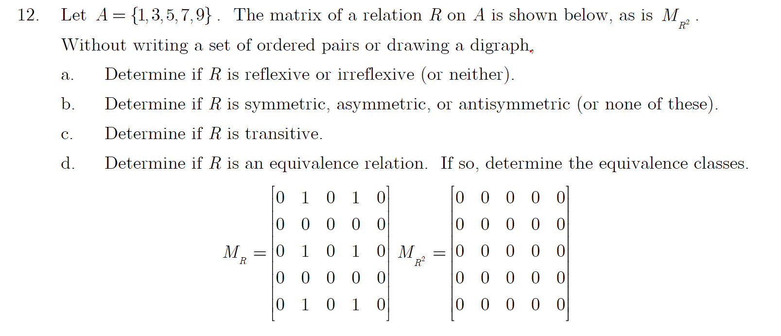 Solved 12. R2 a. Let A = {1,3,5,7,9}. The matrix of a | Chegg.com