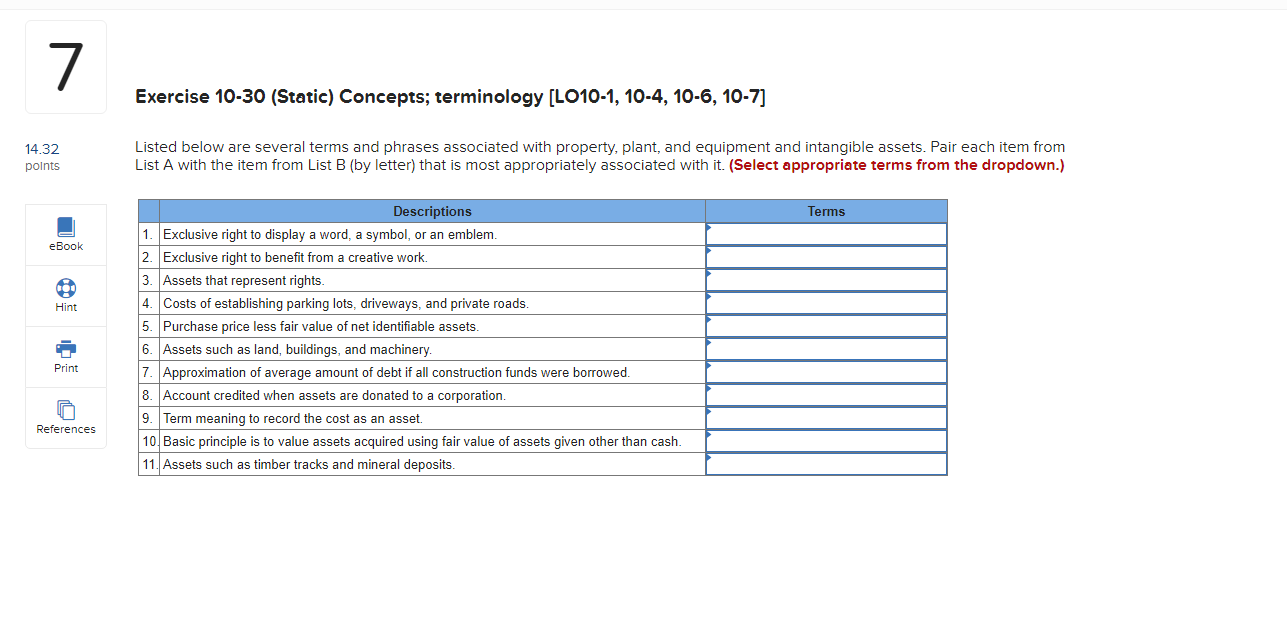 7 Exercise 10-30 (Static) Concepts; terminology | Chegg.com