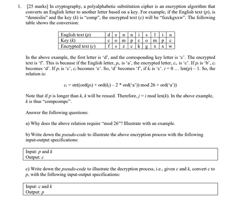 Solved 1. [25 marks) In cryptography, a polyalphabetic | Chegg.com