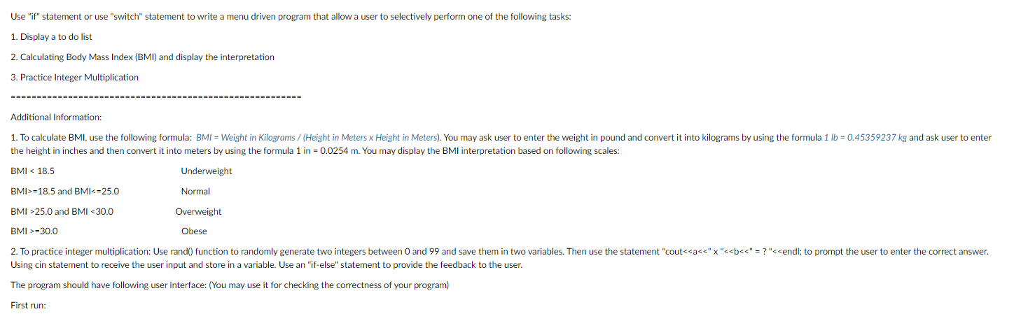 Solved Use "if" statement or use "switch" statement to write | Chegg.com