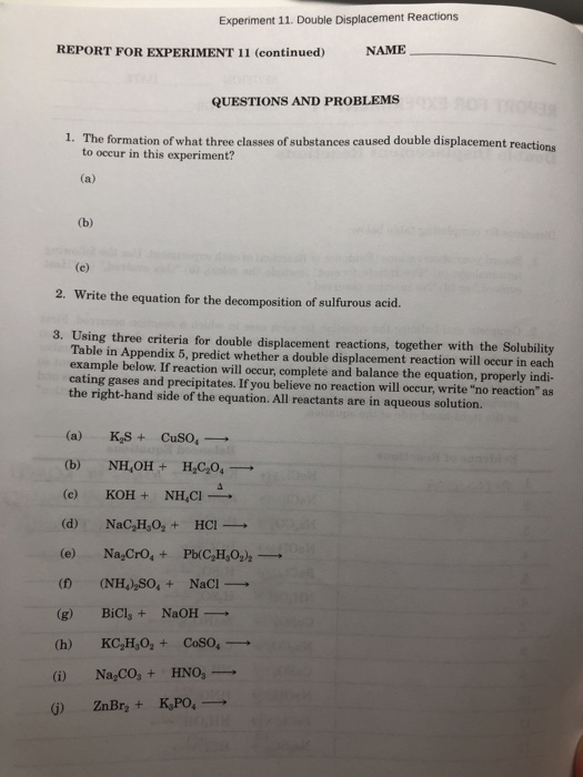 Solved Experiment 11. Double Displacement Reactions REPORT | Chegg.com