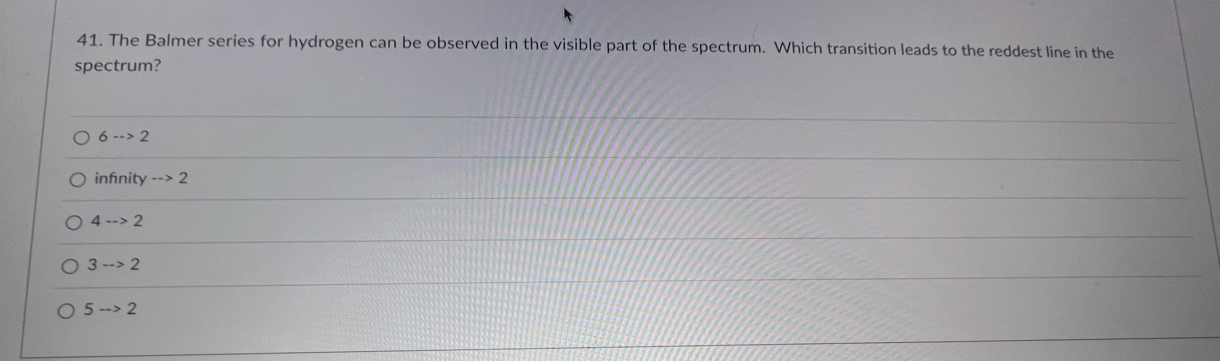 Solved 41. The Balmer series for hydrogen can be observed in | Chegg.com