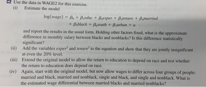 Solved C2 Use the data in WAGE2 for this exercise. (i) | Chegg.com