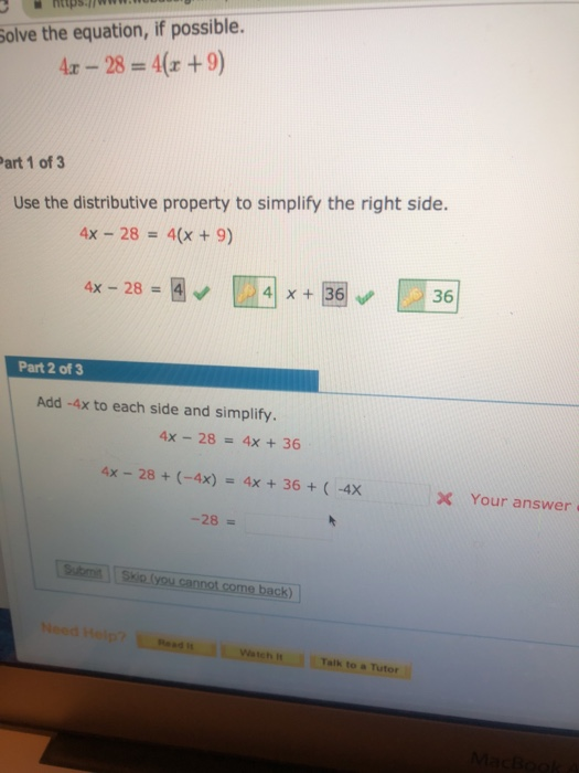 Solved olve the equation, if possible. 4x -28 4(r +9) art 1 | Chegg.com