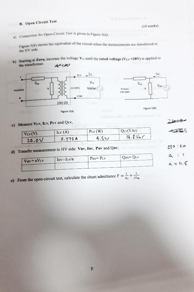 Solved B. Open Circuit Test (10 marks) Connection for Open | Chegg.com