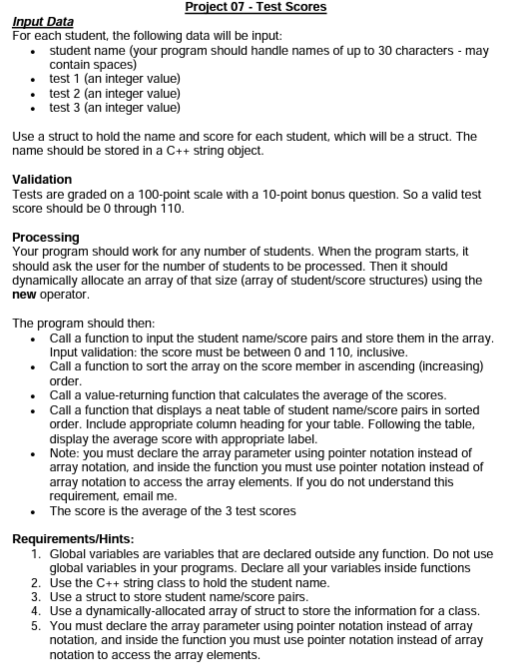 Solved Project 07 - Test Scores Input Data For each student, | Chegg.com