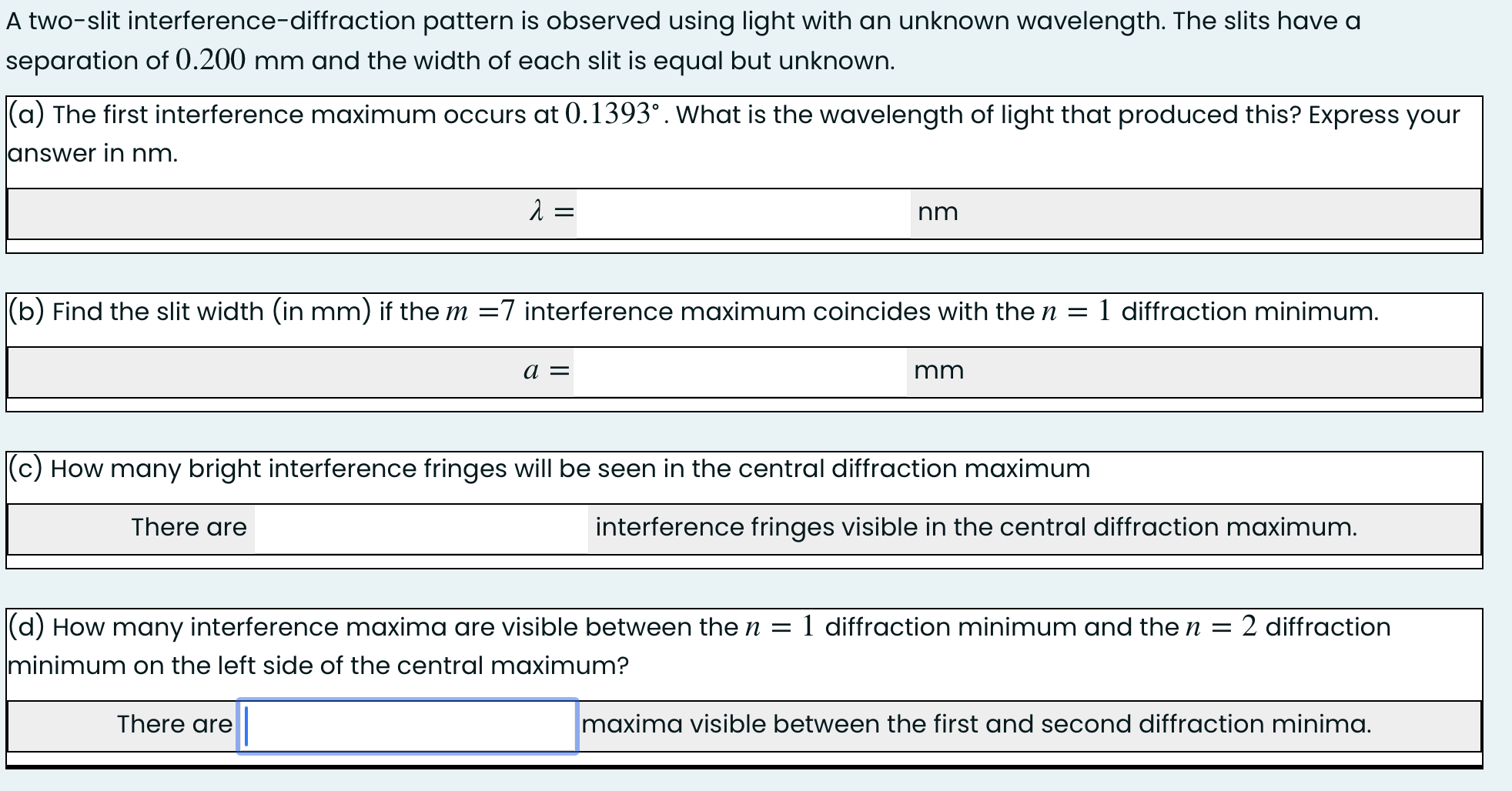 Solved A two-slit interference-diffraction pattern is | Chegg.com