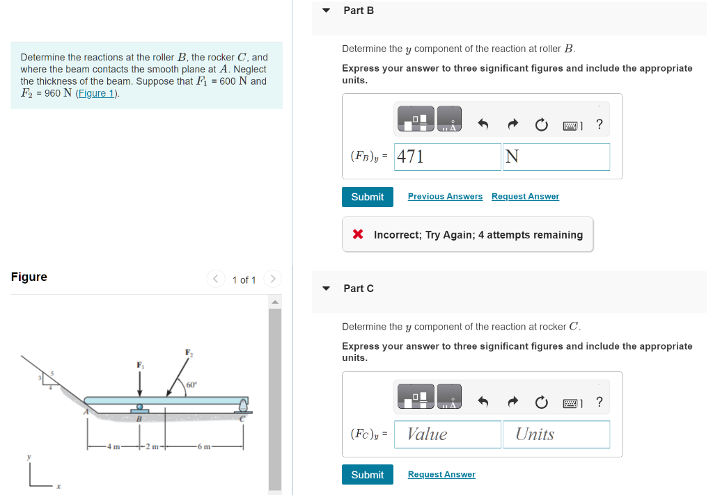 Solved Determine the y component of the reaction at roller | Chegg.com