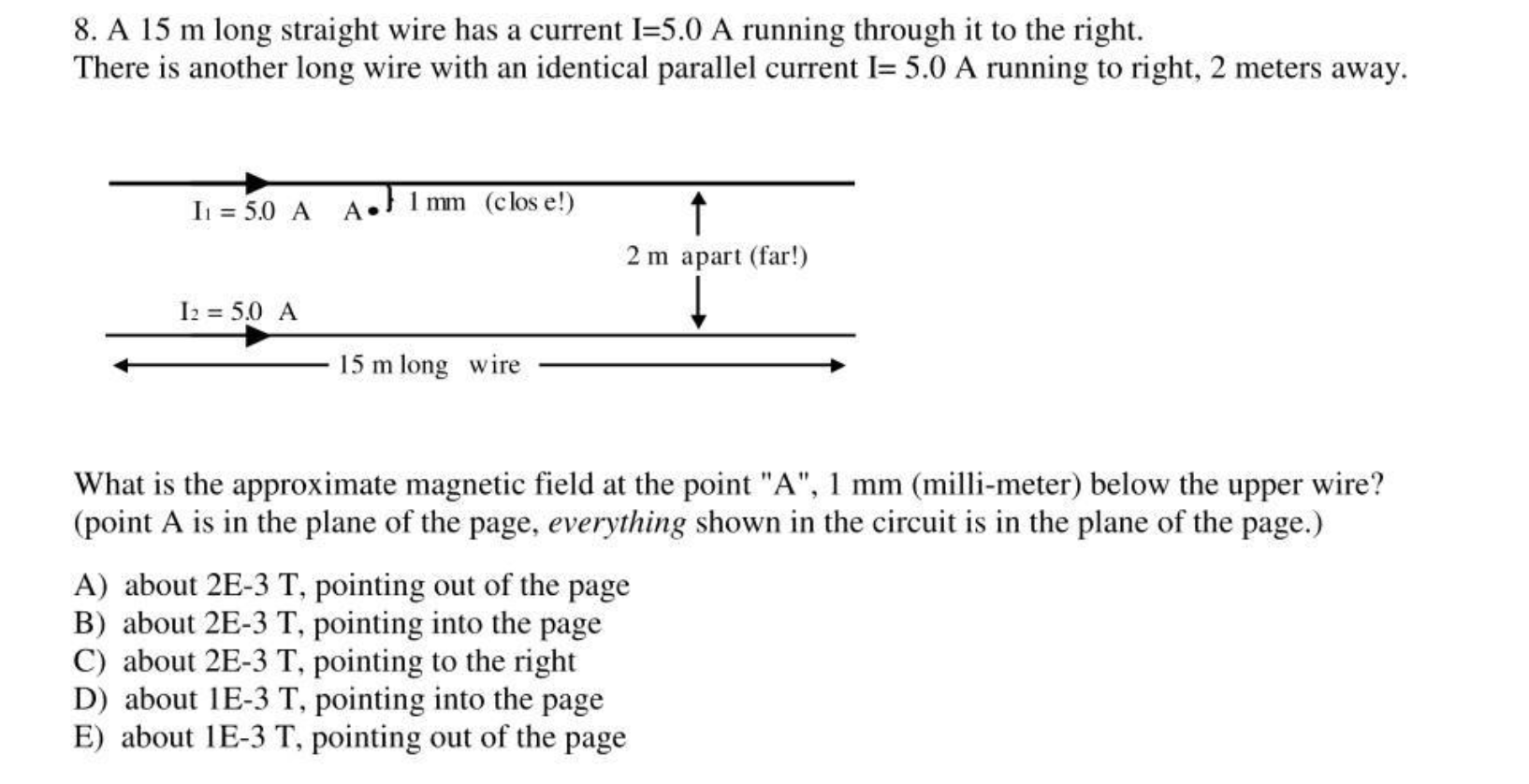 Solved 8. A 15 m long straight wire has a current I=5.0 A | Chegg.com