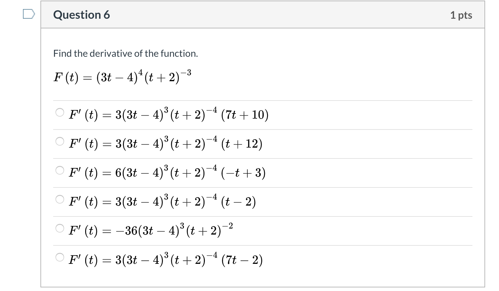 Solved Question 6 1 pts Find the derivative of the function. | Chegg.com