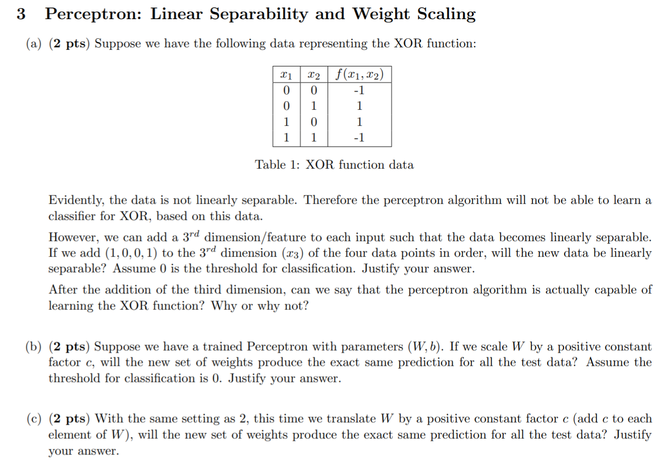 Solved 3 Perceptron: Linear Separability and Weight Scaling | Chegg.com
