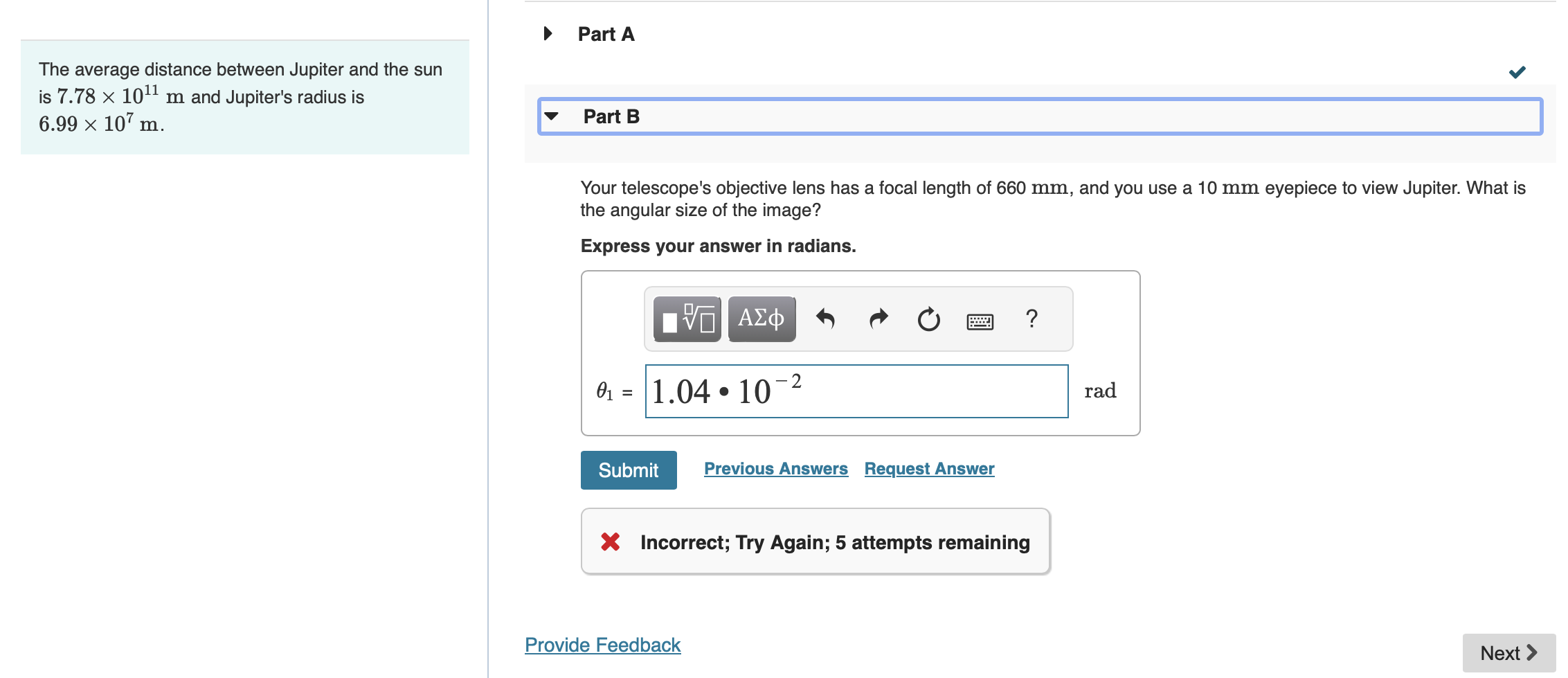 Solved Part AThe average distance between Jupiter and the | Chegg.com