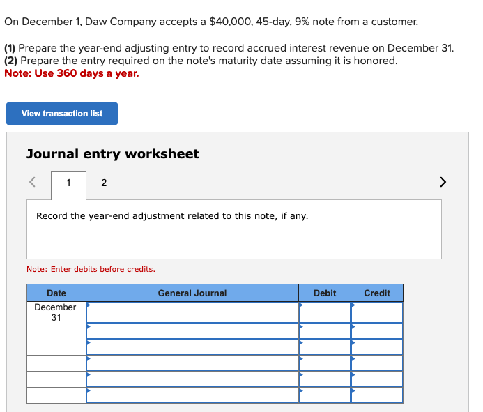 Solved On December 1, Daw Company accepts a $40,000,45-day, | Chegg.com