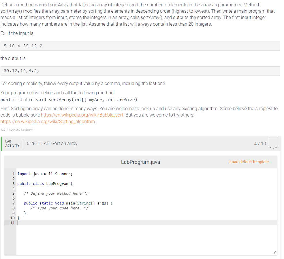Solved Define a method named sortArray that takes an array | Chegg.com