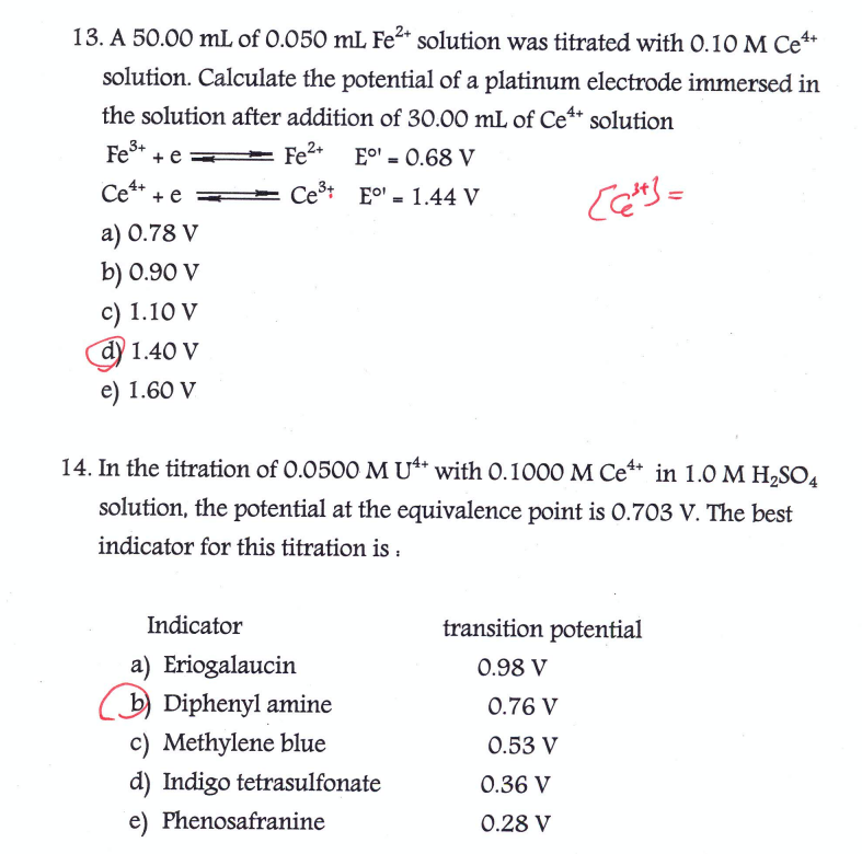 Solved Fe3+ + e Ce+ = 13. A 50.00 mL of 0.050 mL Fe2+ | Chegg.com