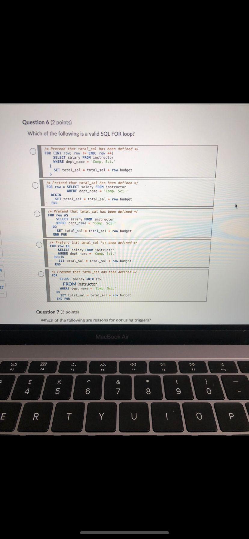 Solved hich of the following is a valid SQL FOR loop? | Chegg.com