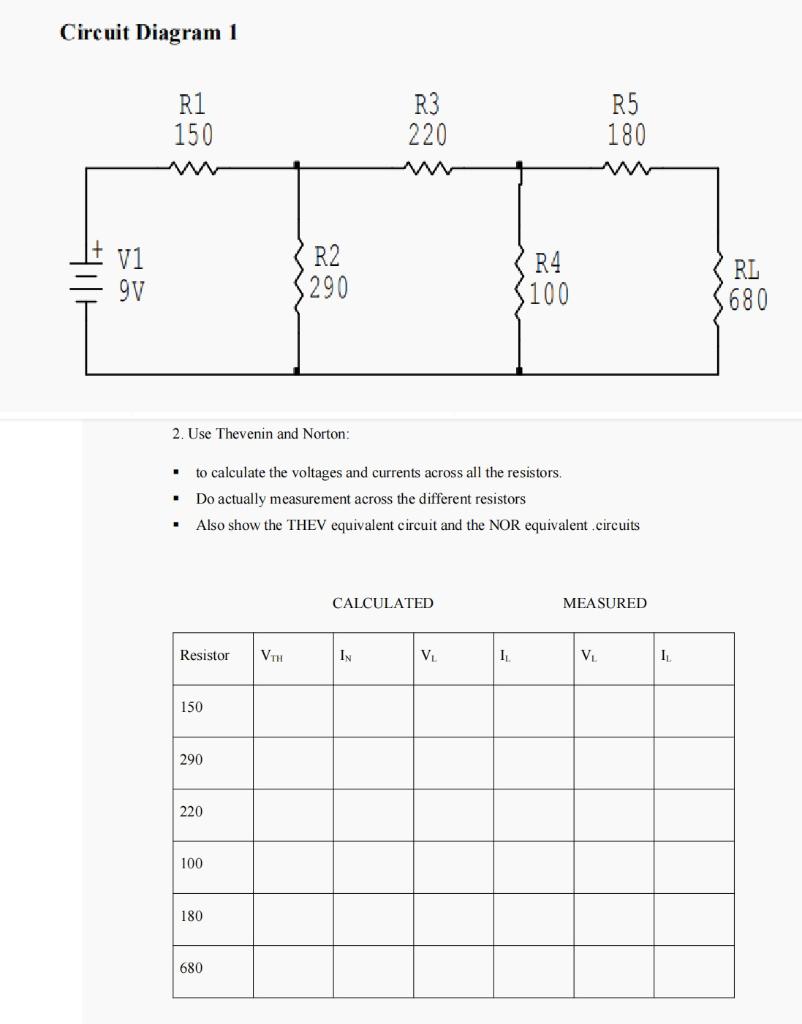 Solved Circuit Diagram 1 R1 150 R3 220 R5 180 4111 V1 9V R2 | Chegg.com