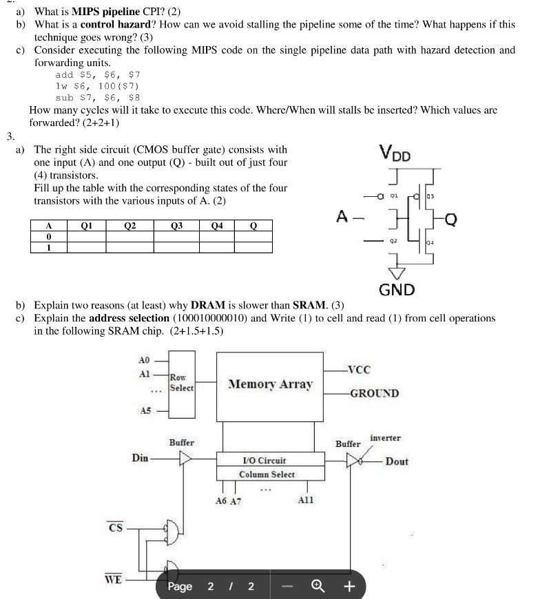 Solved a) What is MIPS pipeline CPI? (2) b) What is a | Chegg.com