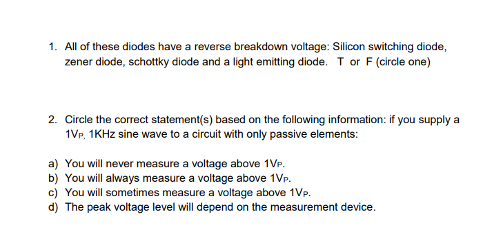 1. All of these diodes have a reverse breakdown | Chegg.com