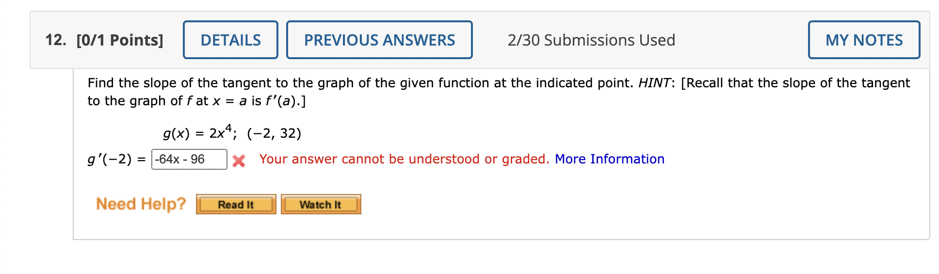 Solved 0/1 Points] 2/30 Submissions Used Find the slope of | Chegg.com