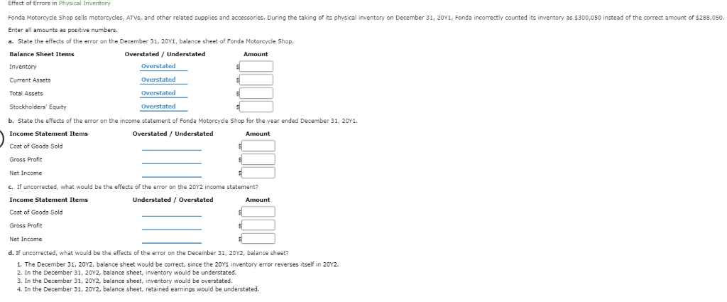 Solved Effect of Errors in Physical Inventory Fonda | Chegg.com