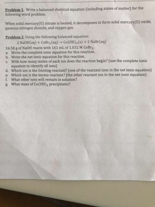 Solved Problem 1. Write a balanced chemical equation | Chegg.com