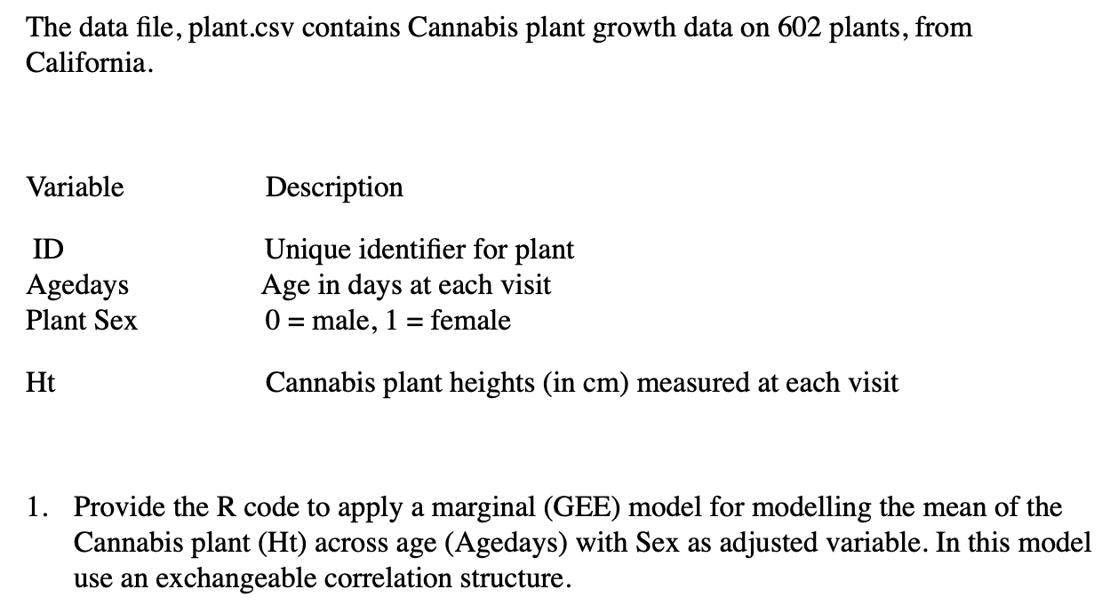 Solved The data file, plant.csv contains Cannabis plant | Chegg.com