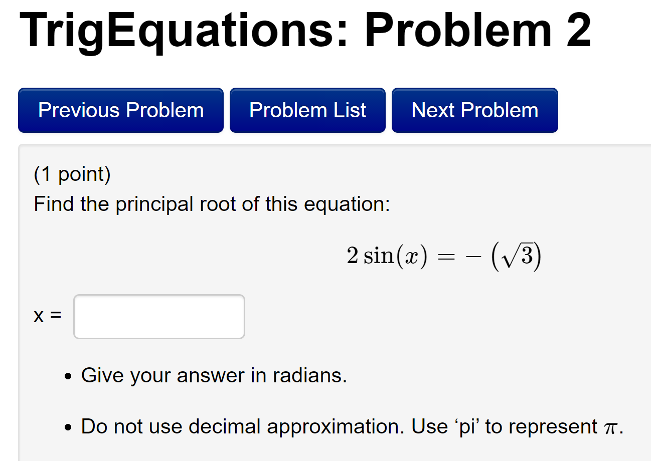 Solved TrigEquations: Problem 2 Previous Problem Problem | Chegg.com
