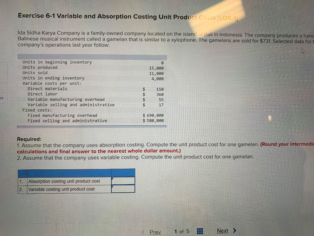 Solved Exercise 6-1 Variable and Absorption Costing Unit | Chegg.com