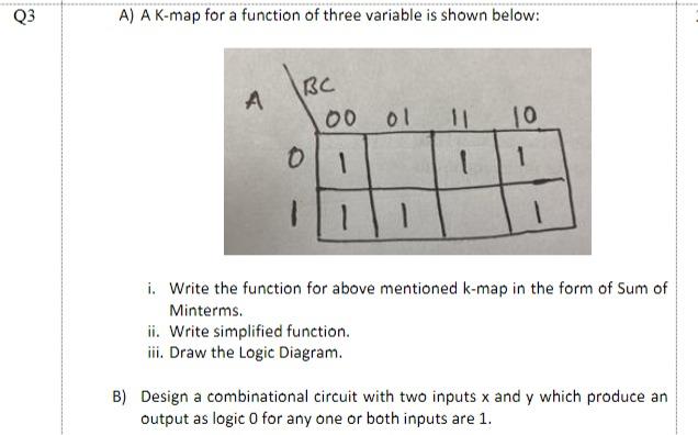 Solved Q3 A) A K-map for a function of three variable is | Chegg.com
