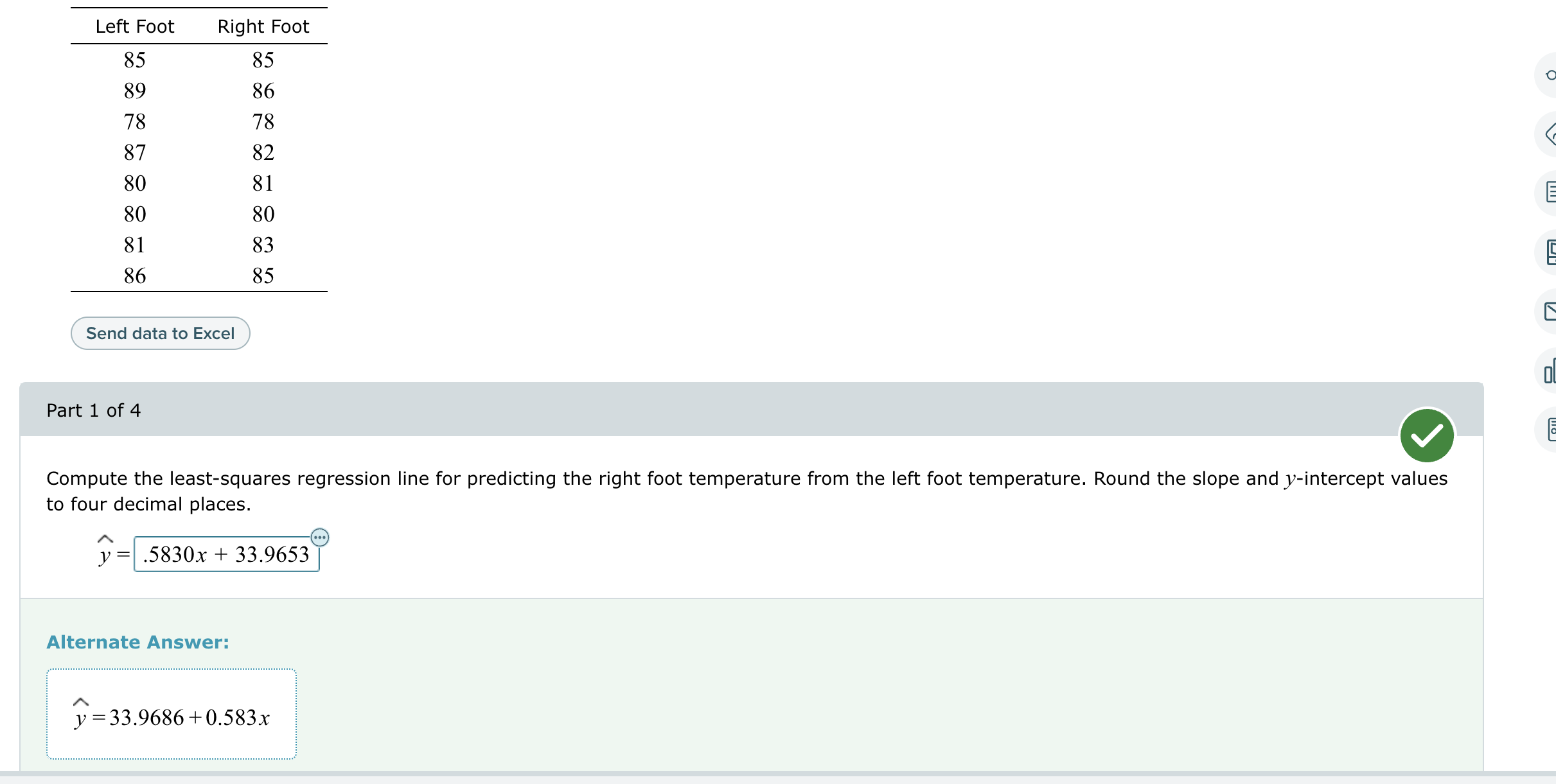 Solved Draw a scatterplot of the right foot temperature y | Chegg.com