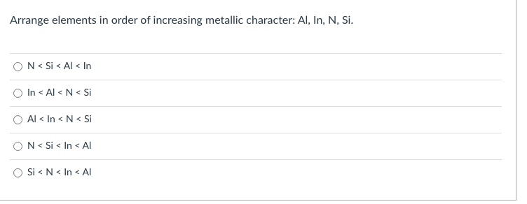 Solved Arrange elements in order of increasing metallic | Chegg.com