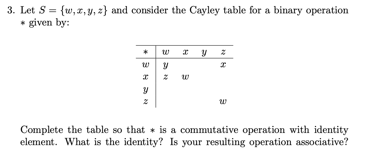 Solved = 3. Let S {W, X, Y, z} and consider the Cayley table | Chegg.com