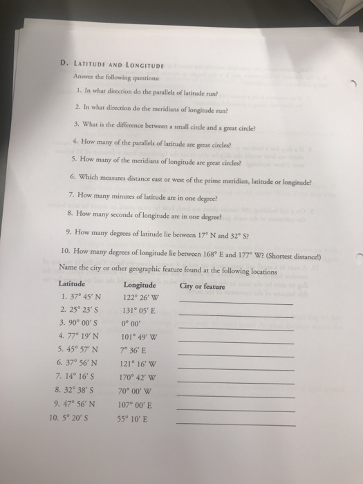 Solved D. LATITUDE AND LONGITUDE Answer the following | Chegg.com