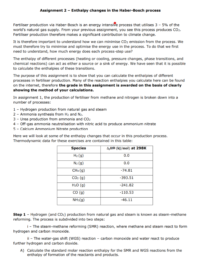 Solved Assignment 2 - Enthalpy changes in the Haber-Bosch | Chegg.com