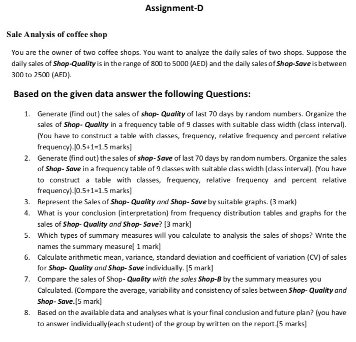 Solved Assignment-D Sale Analysis of coffee shop You are the | Chegg.com