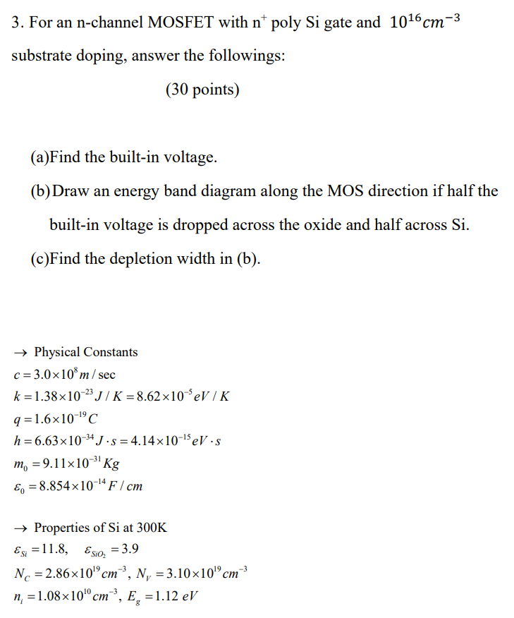 Solved 3. For an n-channel MOSFET with nt poly Si gate and | Chegg.com