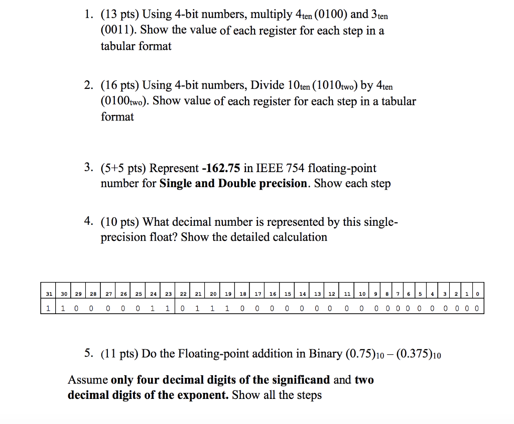 Solved 1. (13 pts) Using 4-bit numbers, multiply 4ten (0100) | Chegg.com