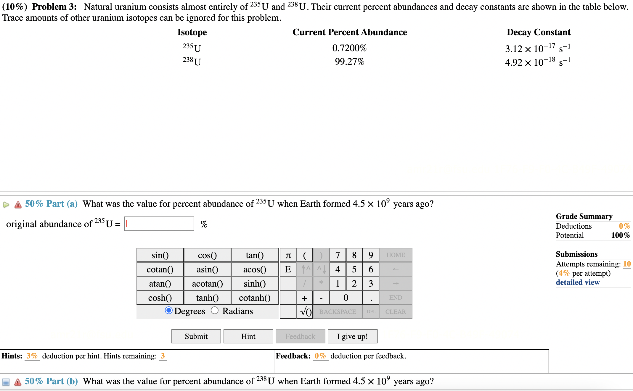 Solved 50% Part (a) What was the value for percent abundance | Chegg.com