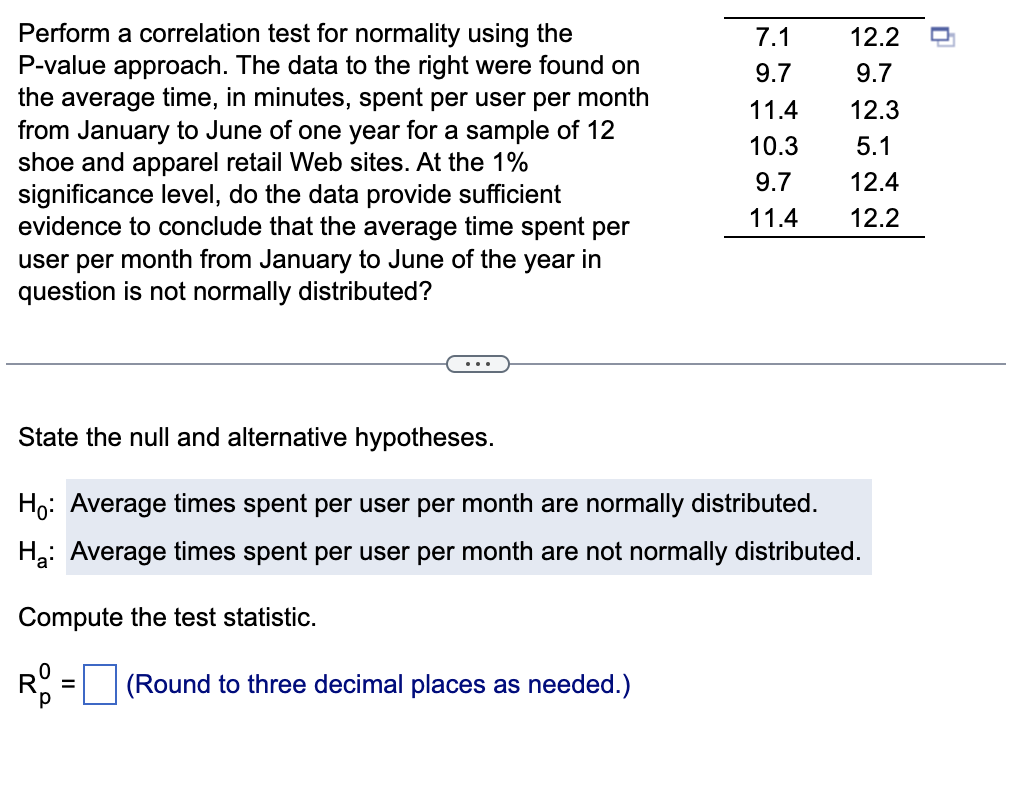 Solved Perform a correlation test for normality using the | Chegg.com