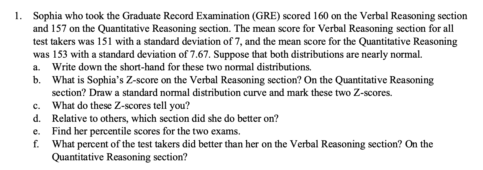 Solved 1. Sophia who took the Graduate Record Examination | Chegg.com