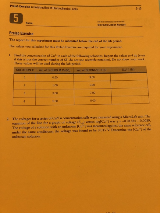 Solved Prelab Exercise Construction of Electrochemical Cells | Chegg.com