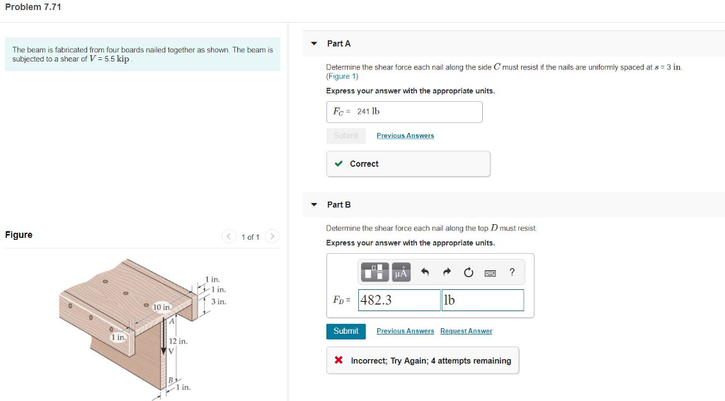 Solved Problem 7.71 Part A The beam is fabricated from four | Chegg.com