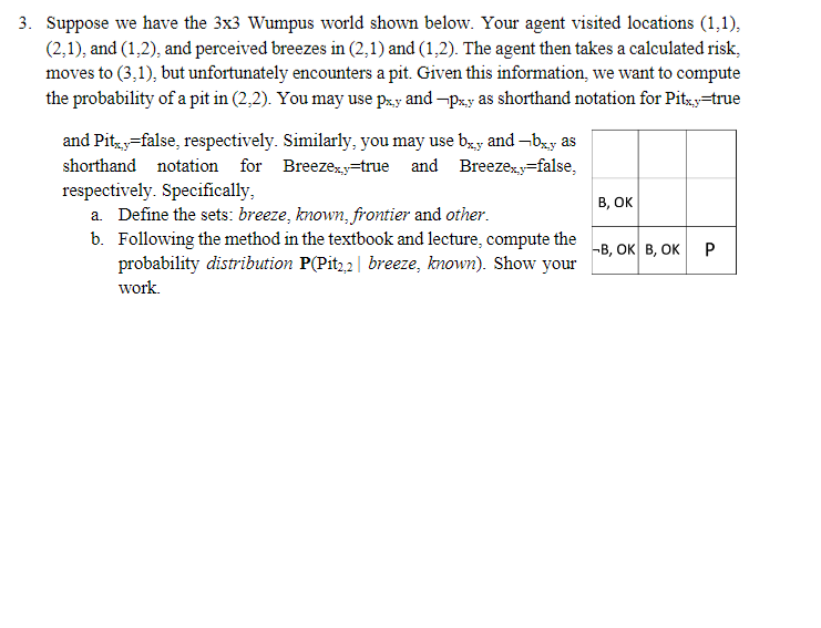 3. Suppose we have the 3x3 Wumpus world shown below. | Chegg.com