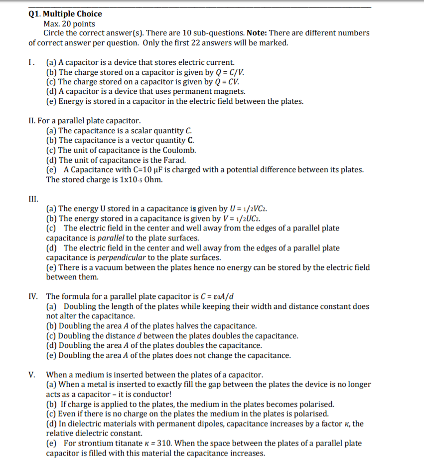 Solved Q1. Multiple Choice Max. 20 points Circle the correct | Chegg.com