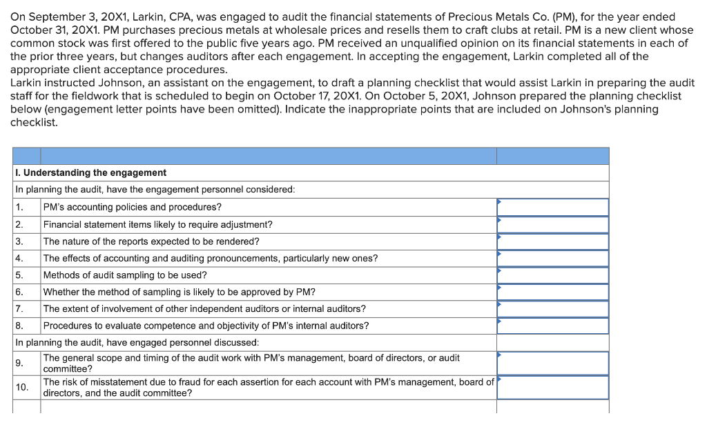 Solved On September 3, 20X1, Larkin, CPA, was engaged to | Chegg.com